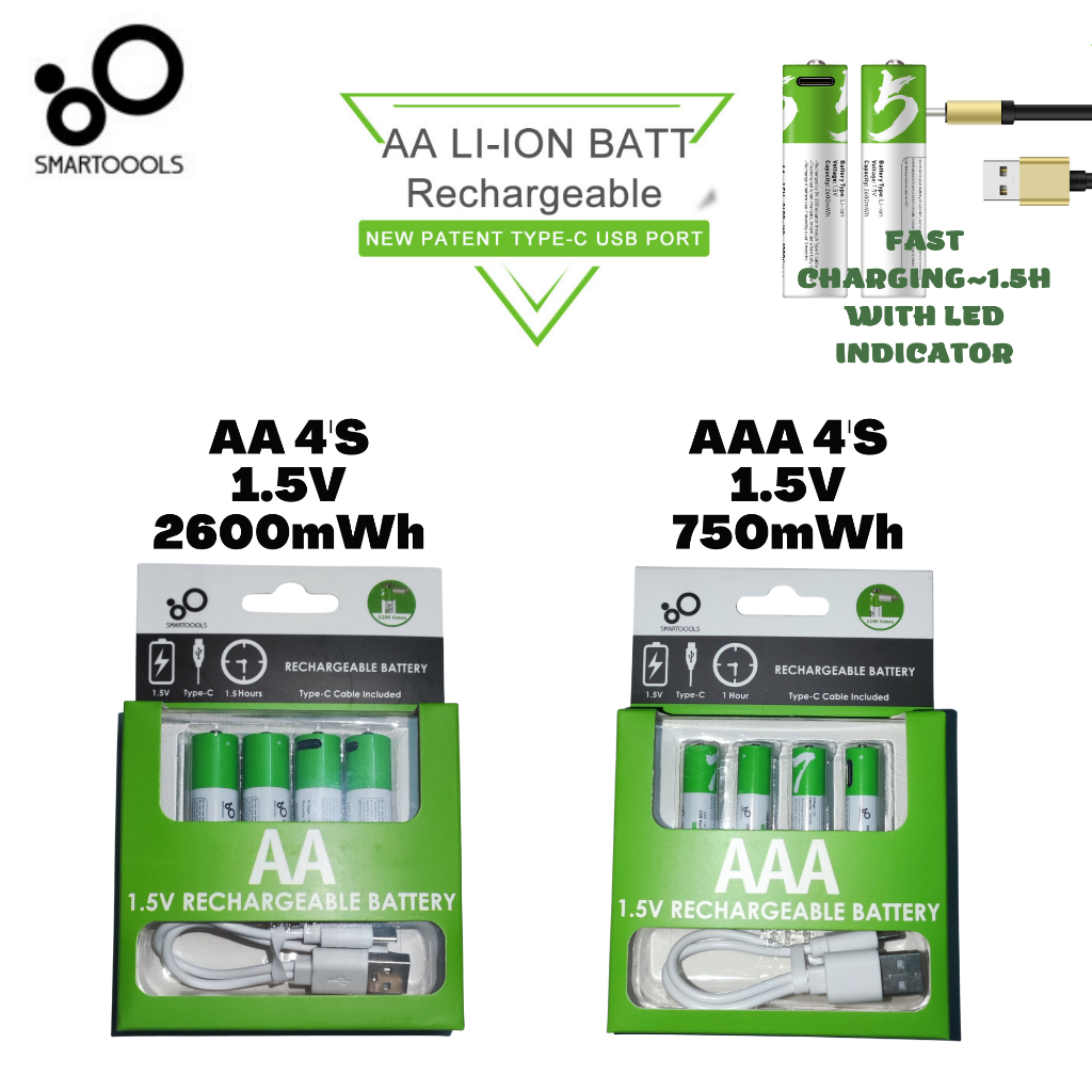SMARTOOOLS AA AAA USB Rechargeable Batteries 1.5V 2600mWh/750mWh Li-ion ...