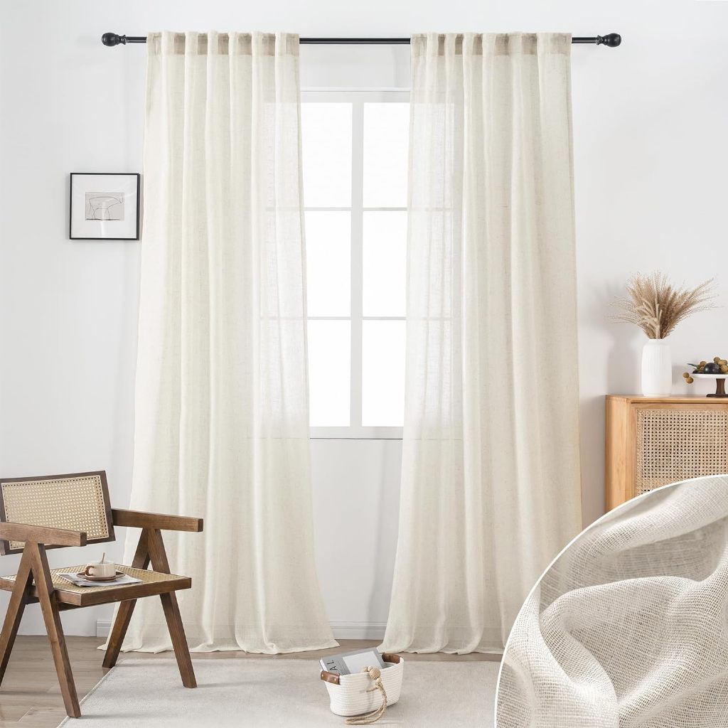 Natural Beige Linen Sheer Curtain for Bedroom Neutral Country Rustic ...
