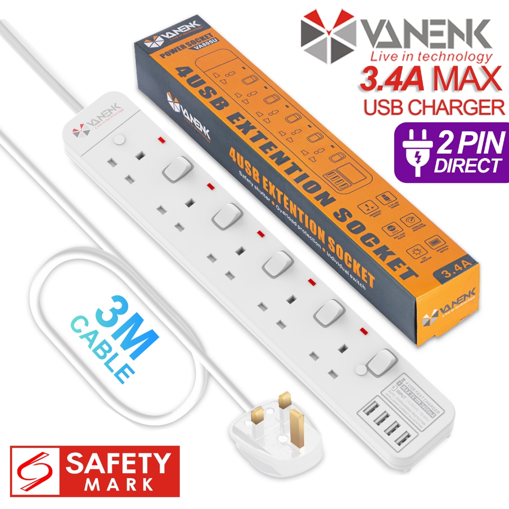 VANENIK Safety Mark Power Extension Socket with USB 3.4A Fast Charger ...