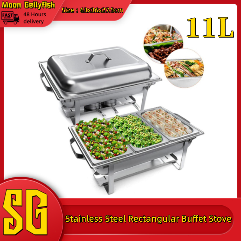 11L Foldable Stainless Steel Rectangular Buffet Cooker With 3 Tray Food ...