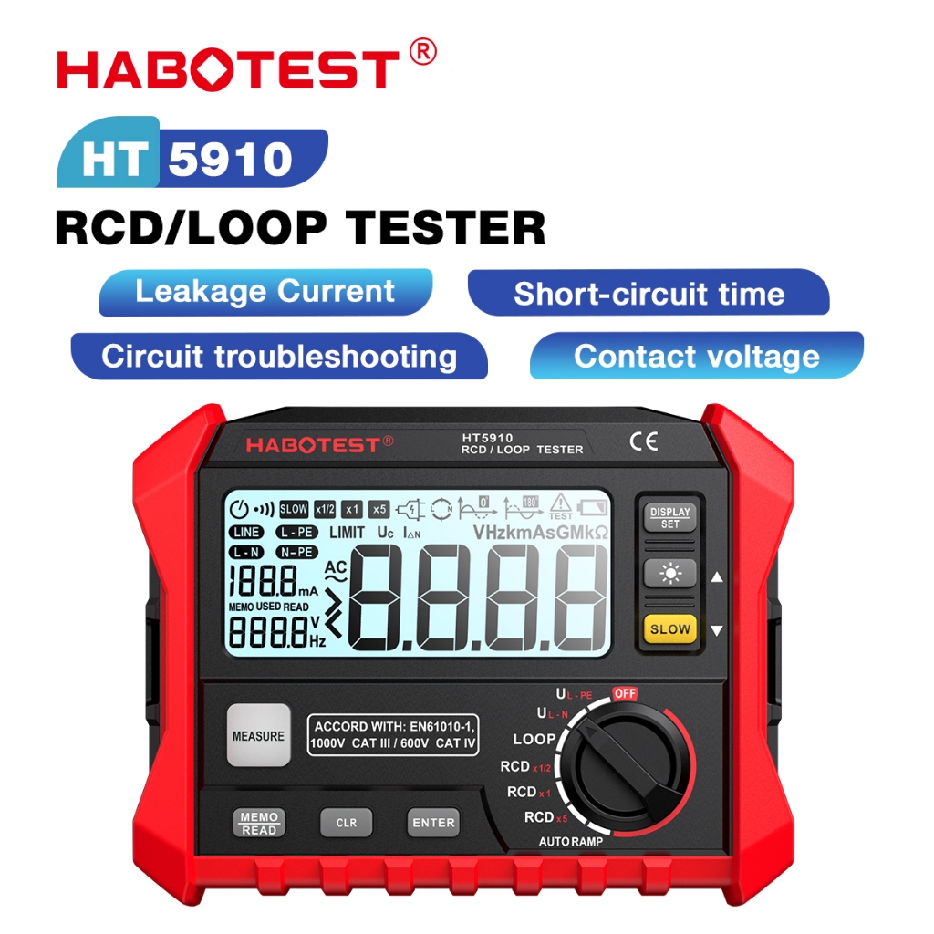 HABOTEST HT5910 Digital RCD/Loop Tester 4.7-inch LCD Resistance Meter ...