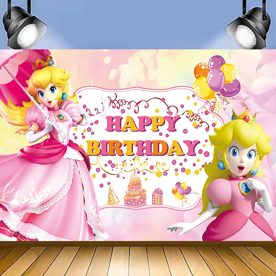 Princess Peach Backdrop Birthday Decoration Pink Super Mario Theme Girl ...