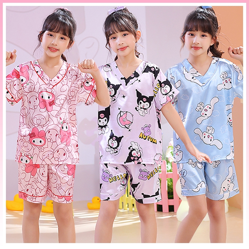 Children Pyjamas Short Sleeves Satin Silk Pajamas set Kids Pyjamas Cute ...