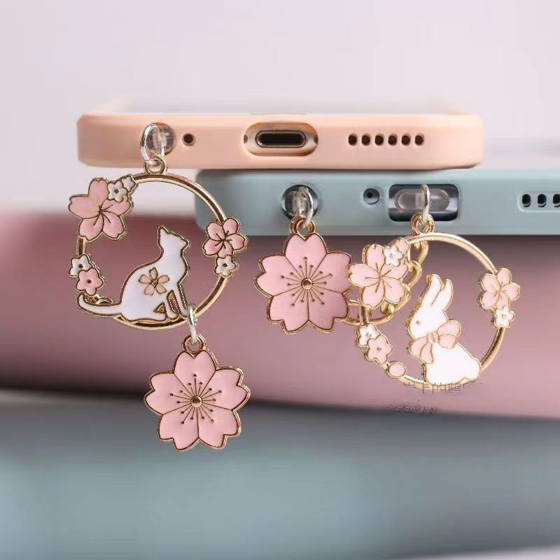cute cat sakura mobile phone charm anti dust plug iphone type c pendant ...