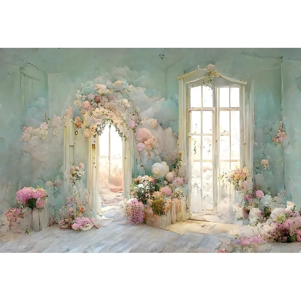 7x5ft European Style Oil Painting Backdrop Flowers Arched Door French ...