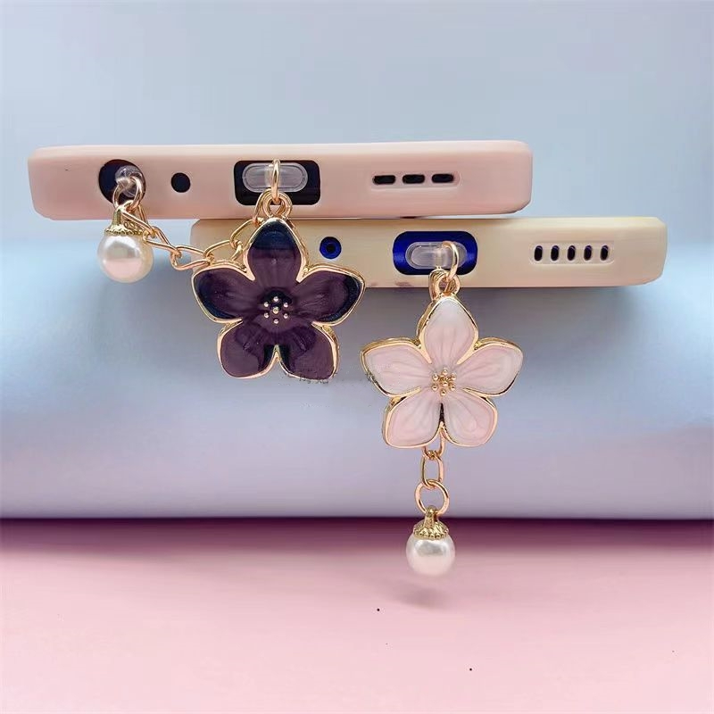 cute white pink black cherry blossom beads anti dust plug phone charm ...