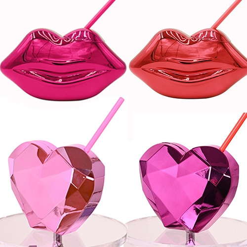 Heart Shaped/Red Lip Cup With Straw Cute Sparkly Glitter Cocktail Cup ...