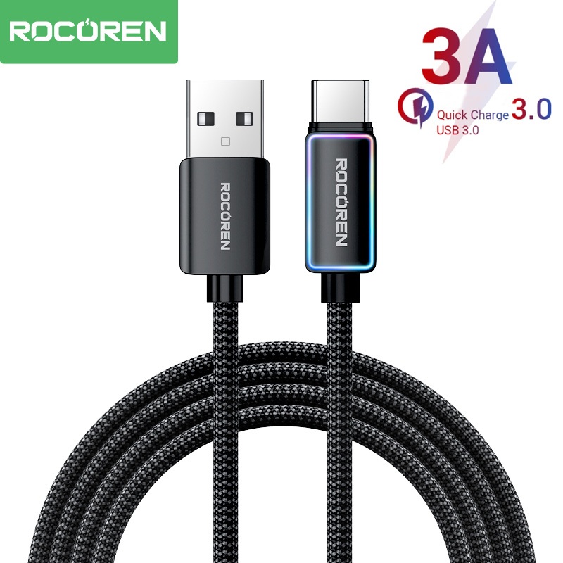 Rocoren USB A To Type-C 3A Colorful Breathing Indicator QC 3.0 Fast ...