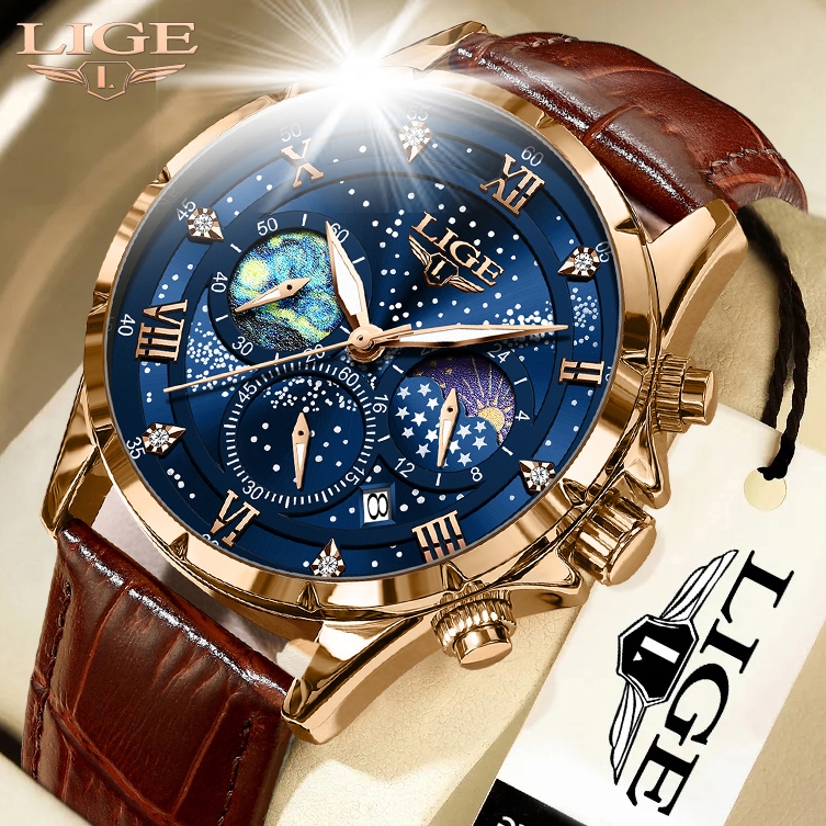 LIGE Watch Original Men Quartz Starry Sky Leather Business Sports ...