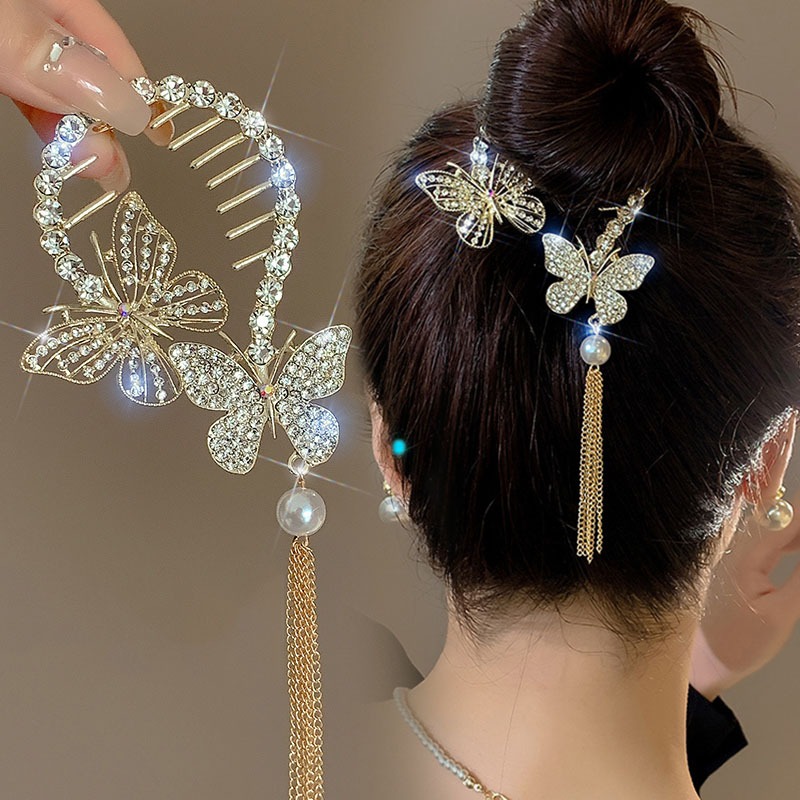 Unique New Style High-End Rhinestone Butterfly Tassel Ball Head Hair ...