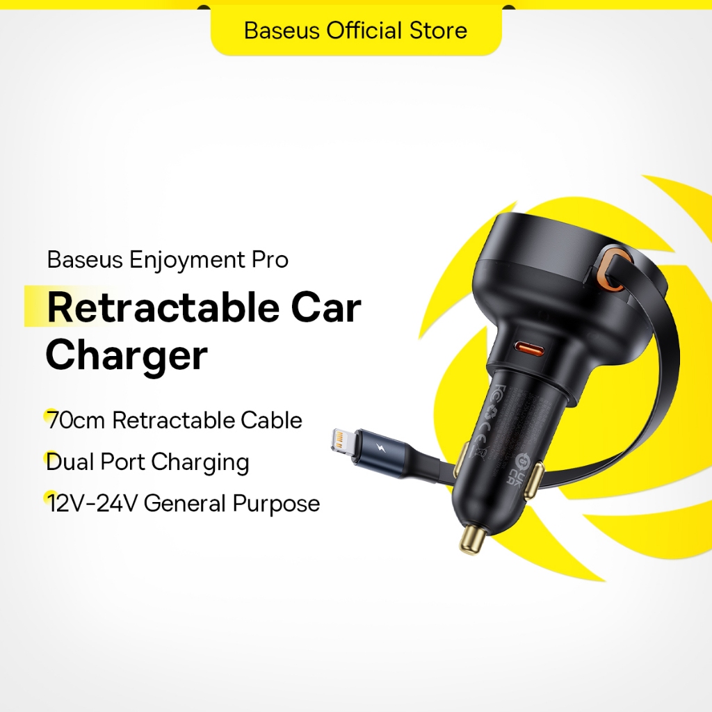 Baseus 60W Car Charger Built-in Retractable Fast Charging Type-C & iP Cable | Shopee Singapore