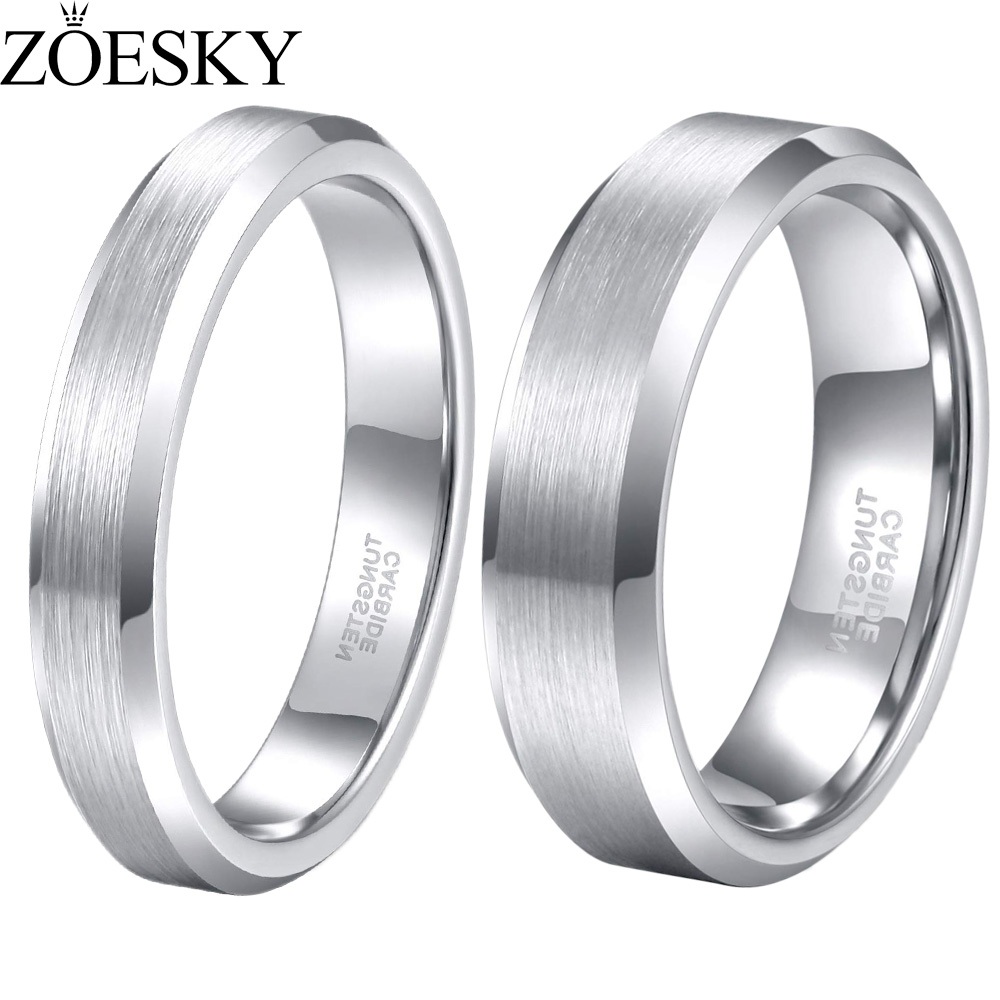 ZOESKY 4mm 6mm Tungsten Carbide Ring Beveled Edge Brushed Silver ...