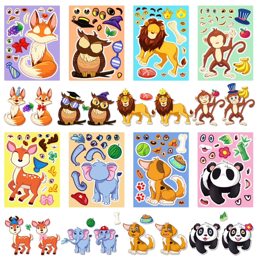 8 Sheets Make A Face Funny Animals Stickers Children Puzzle DIY ...
