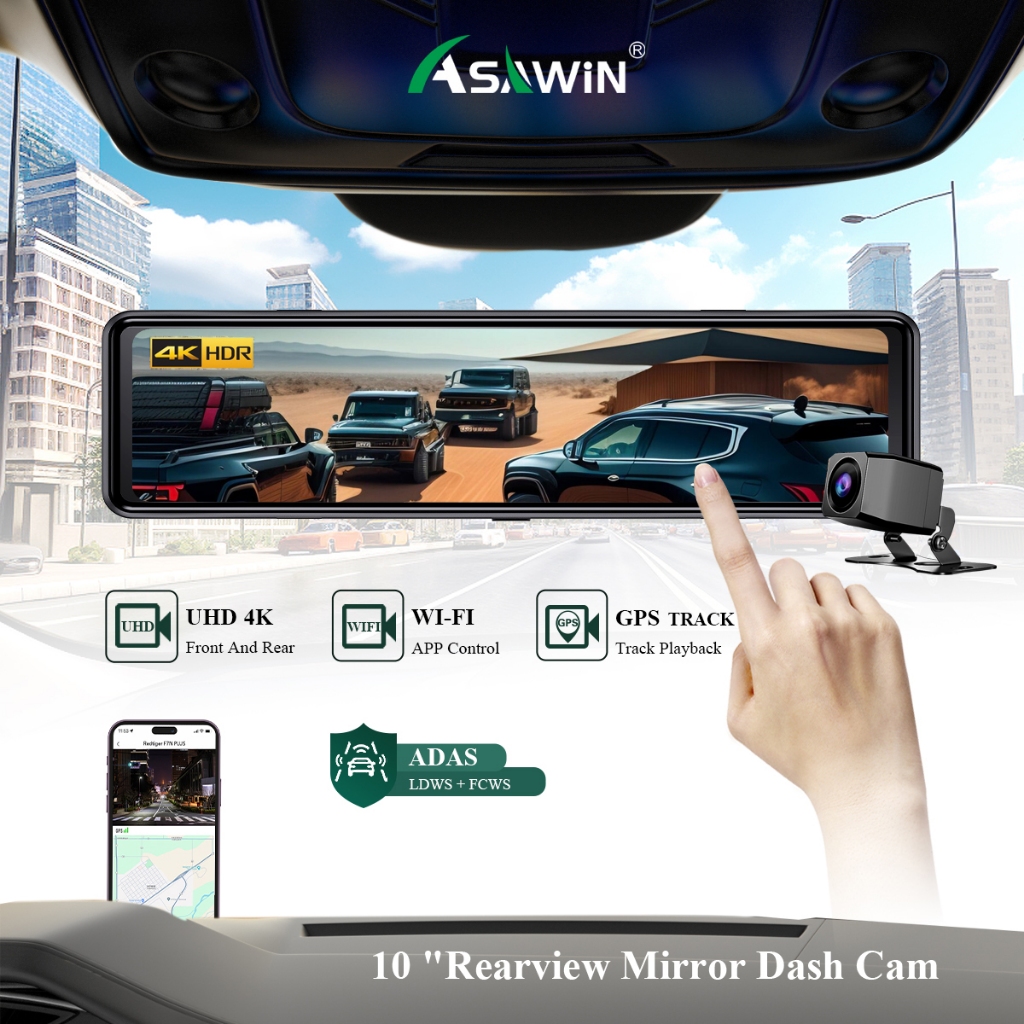Asawin H109 4K WIFI Rear View Mirror Dashcam GPS ADAS Front And Back ...