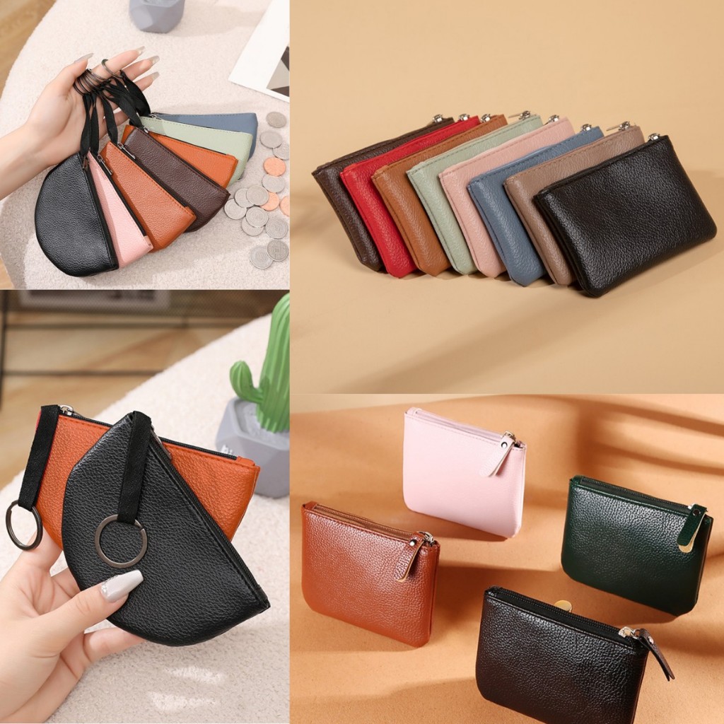 Solid Color Coin Purse Litchi Pattern PU Zipper Key Storage Bag Stylish ...