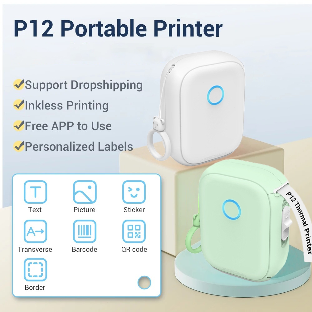Inkless Thermal Printer P12 Portable Label Printer Bluetooth Wireless Mini Sticker Printer with ...
