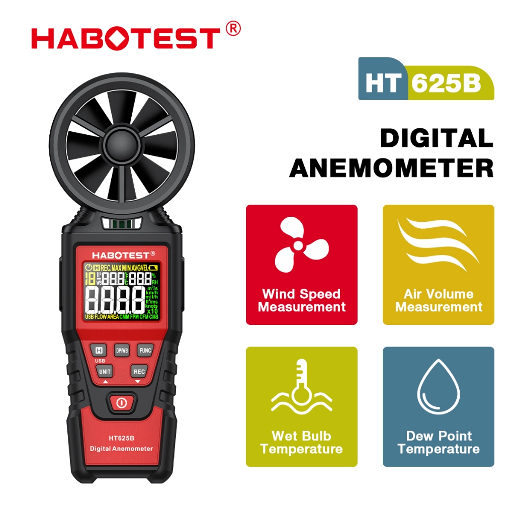 HABOTEST HT625 Digital Anemometer Wind Speed Gauge LCD Display Handheld ...
