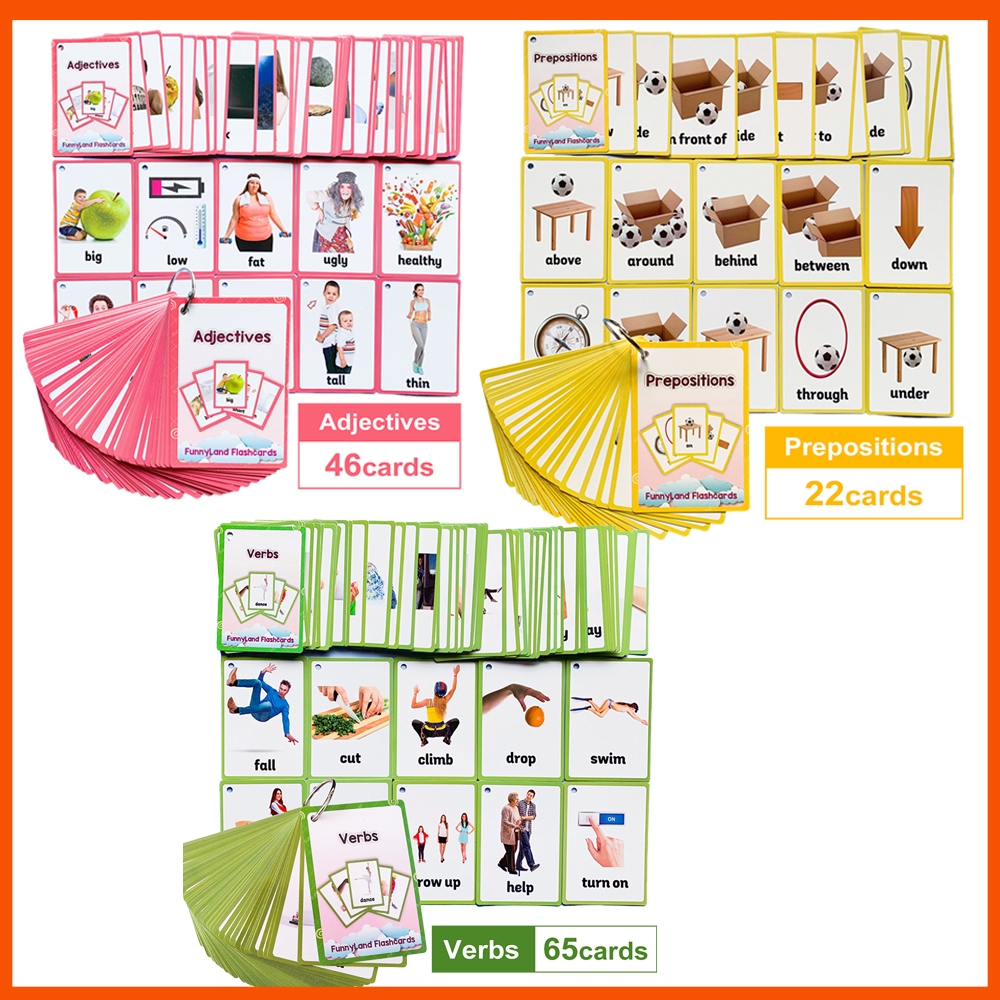 Verbs/Adjectives/Prepositions Flash Cards Learning English Baby ...