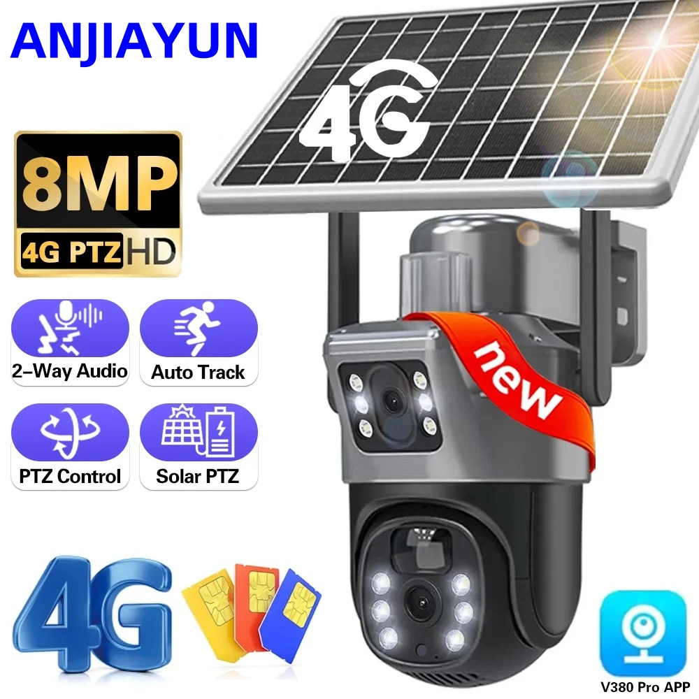 4K 4G SIM Card Dual Lens Solar Cameras 8MP Wireless Surveillance PTZ ...
