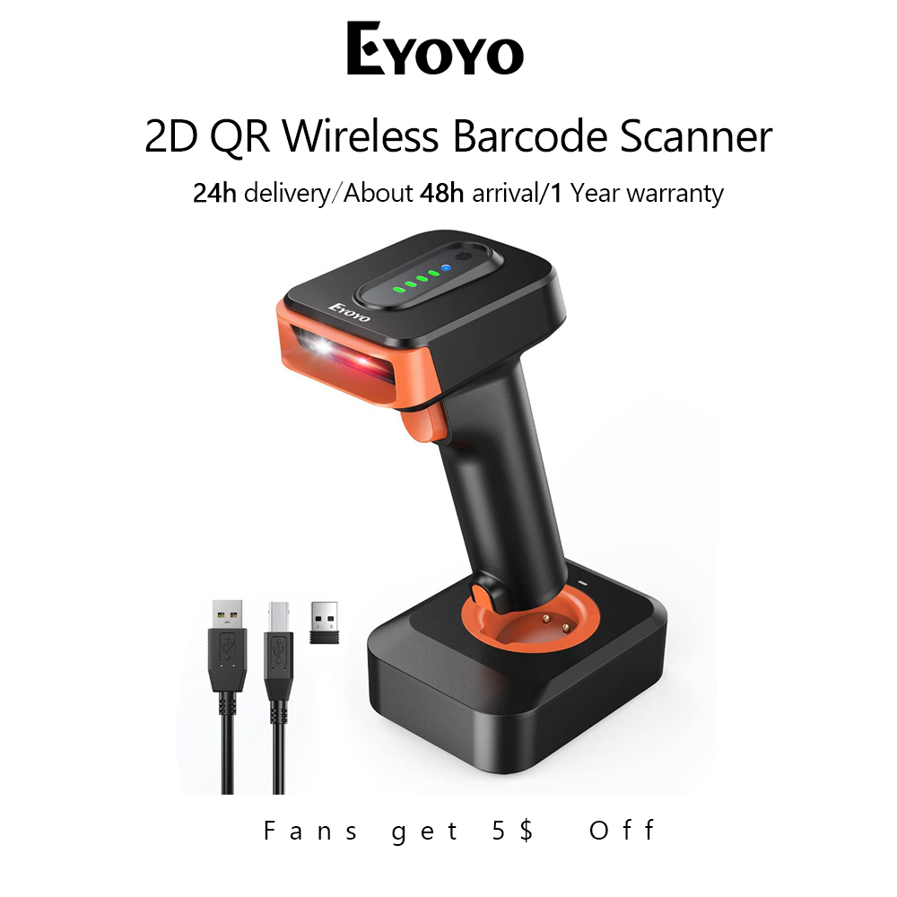 Eyoyo 2D QR Wireless Barcode Scanner 3 in 1 Bluetooth & USB Wired & Wireless 1D 2D QR Barcode ...