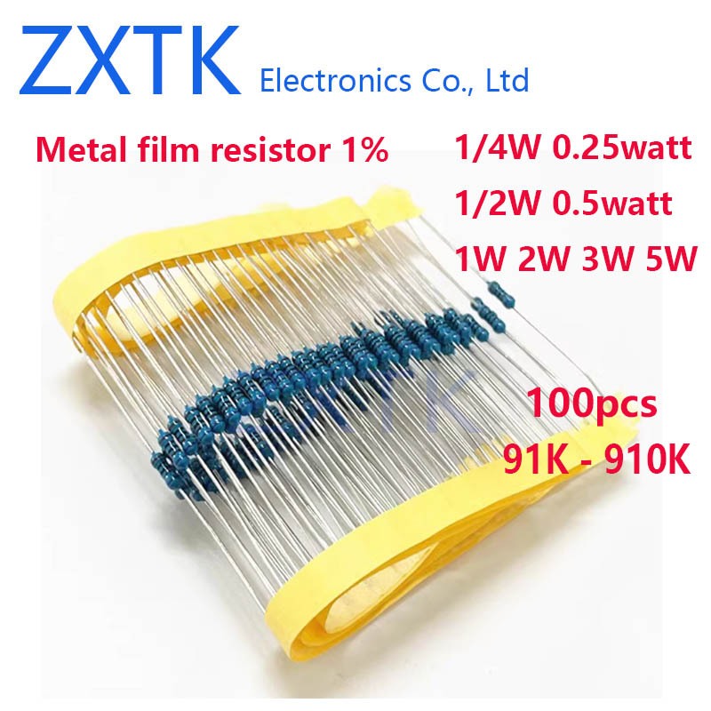 100PCS Metal film resistor 1% 1/4W 0.25watt 1/2W 0.5watt 1W 91K-910K ...