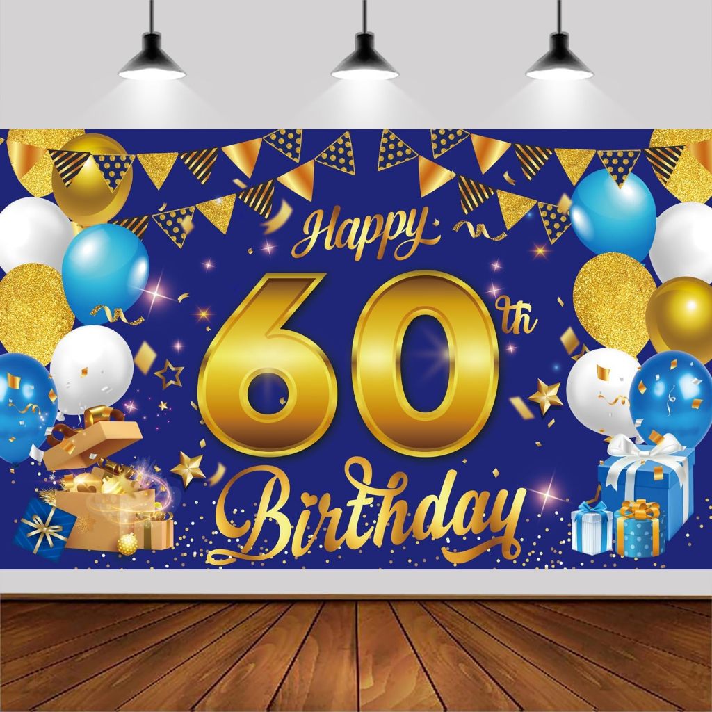 Blue Gold Happy 60th Birthday Photography Background 7x5ft Gold Blue ...