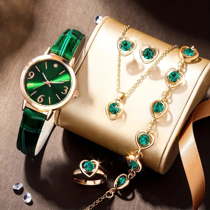 Kegllect 6PCS Women Watch Waterproof Green Luxury Jewellery Set Ladies ...