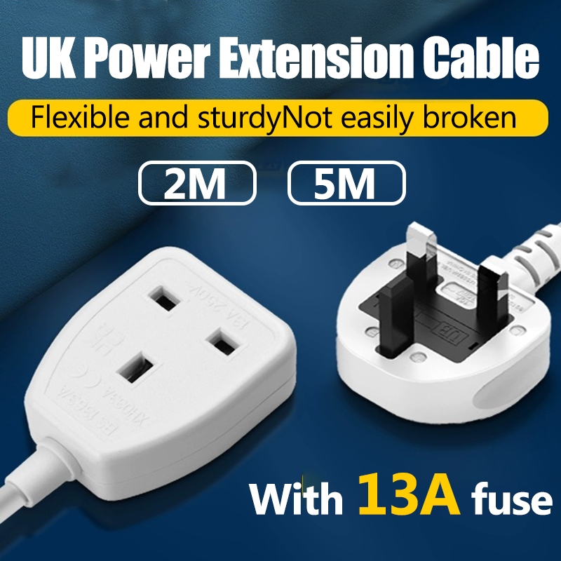 5m/2m UK 3Pin Plug To Female Socket Power Extension Cable With 13A Fuse ...