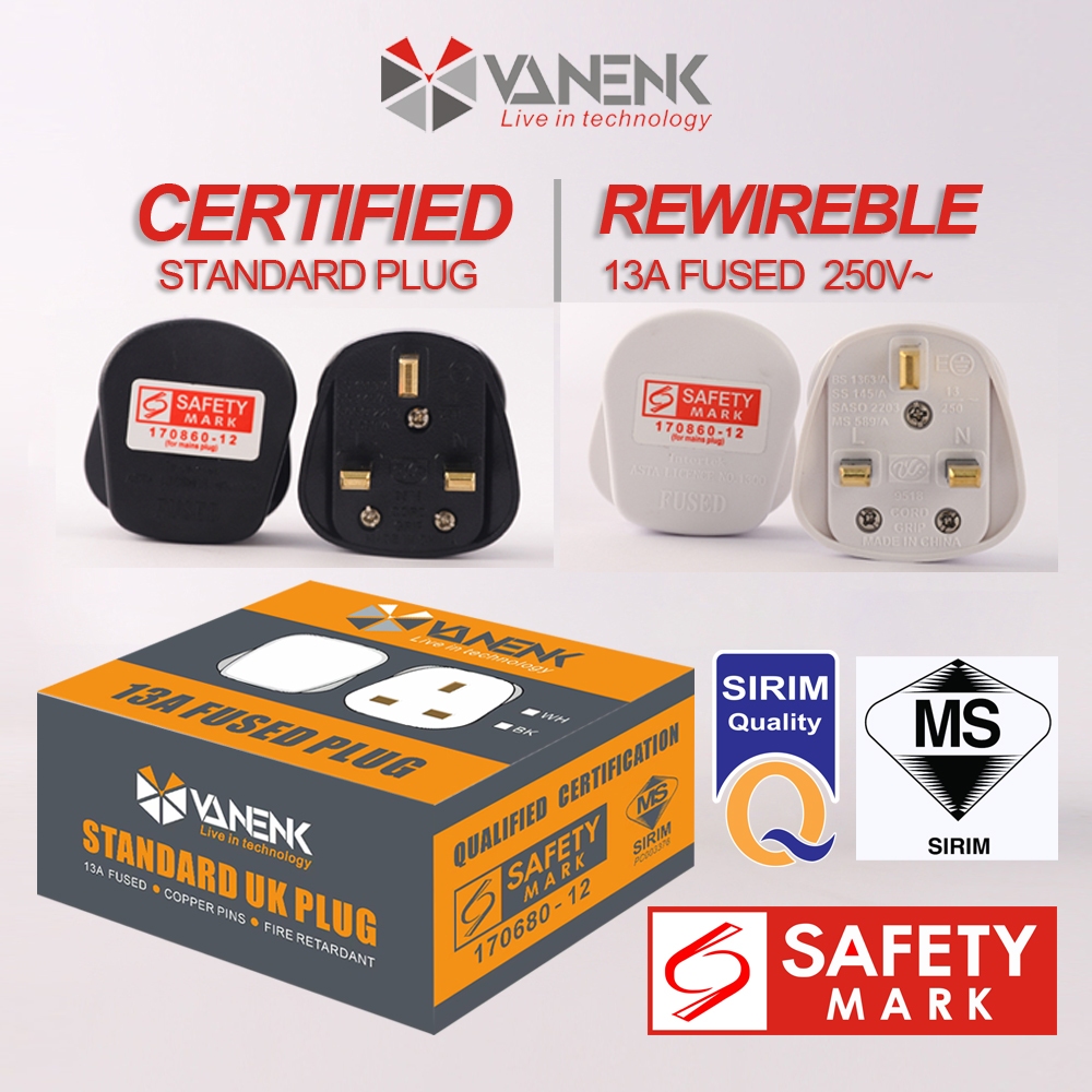 VANENIK 13A Plug Top 12pcs/packed Rewirable 3Pin Safety Mark UK Plug 13AMP Fused wall socket ...