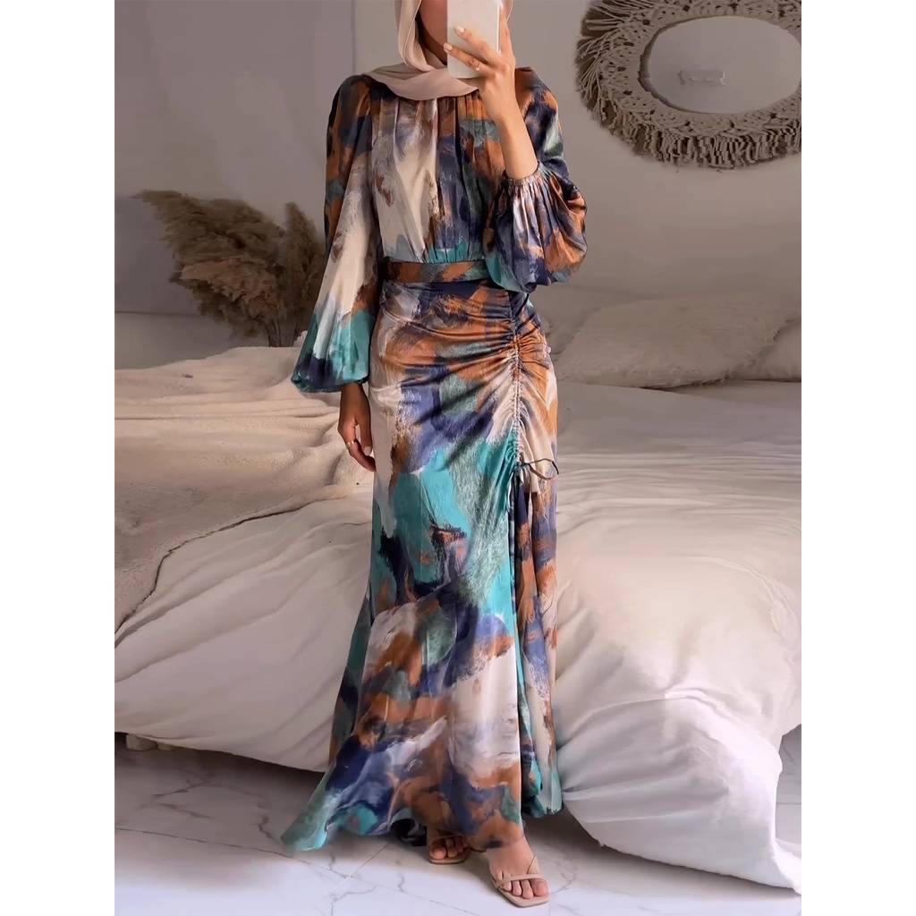 Ramadan Dubai Tight waist Abaya maxi dress Islam Arab Jubah robe Women ...