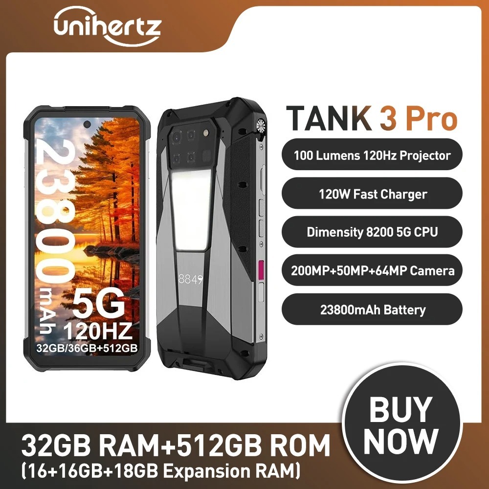 Unihertz 8849 Rugged Tank 3 Pro Smartphone with100 Lumens Projector,Android 14,32GB,36GB,512GB ...