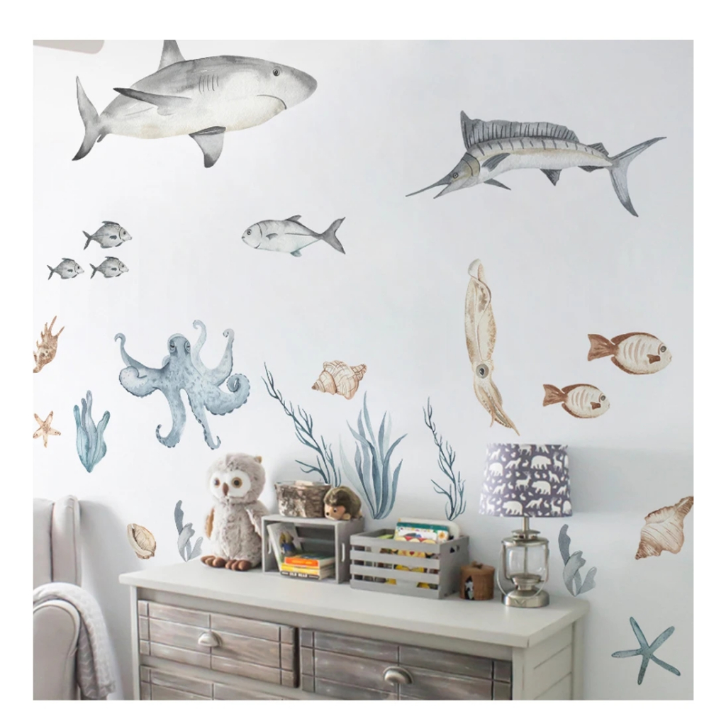 Large Watercolor Sharks Wall Decals Ocean Animal Wall Sticker Under The ...
