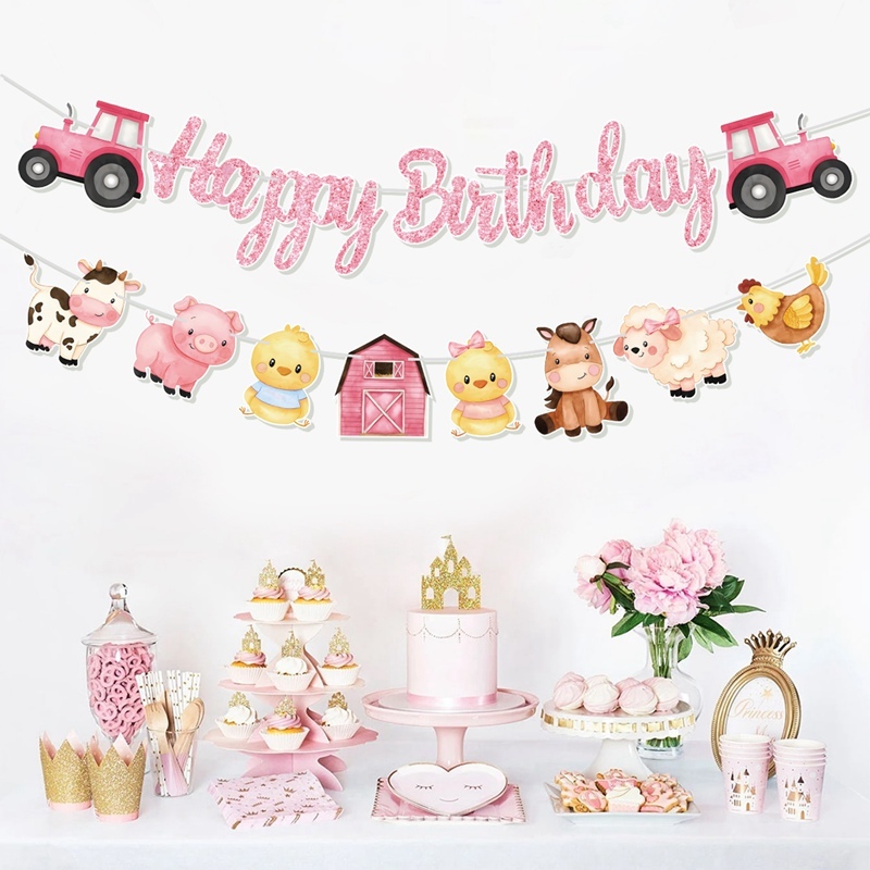 1set Cute Farm Happy Birthday Banner Cartoon Cow Chicken Pattern ...