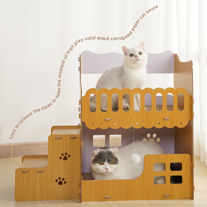 ROYA wooden cat house catscratch board pet nest integrated double-layer ...