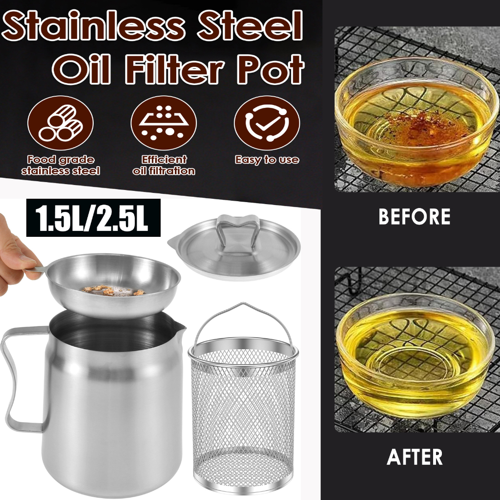 Oil Filter Pot Stainless Steel Oil Strainer Pot with Lid and Fine Mesh ...