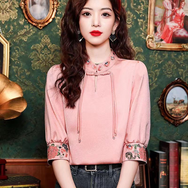 High-end New Chinese Style Top Elegant Embroidery Floral Women Summer ...