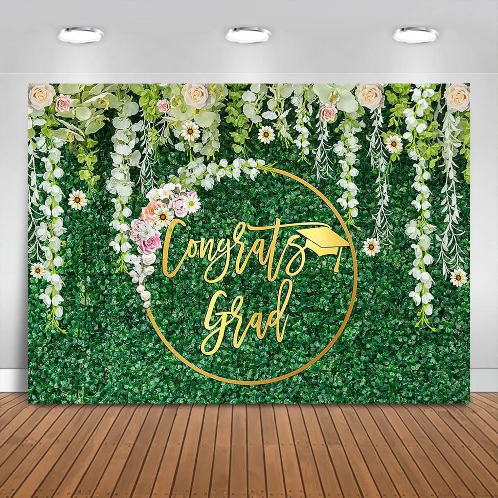 Green Leaves and Flowers Graduation Background 7x5 Feet Congratulations ...