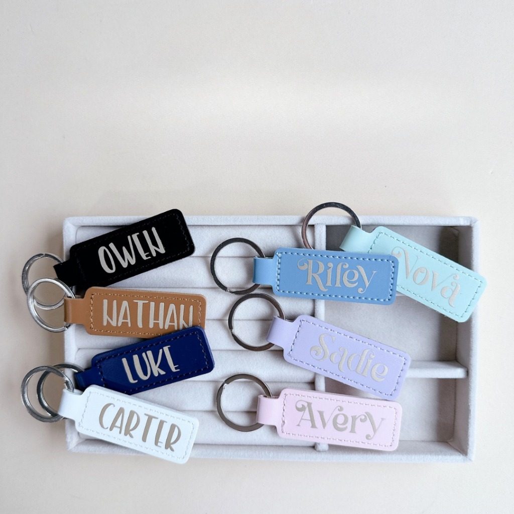 Personalised Customised Vegan Leather Silver Keychain Name Label Tag ...