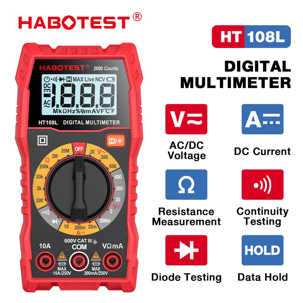 HABOTEST HT108L Digital Multimeter 600V/10A AC/DC Voltage 2000 Counts ...