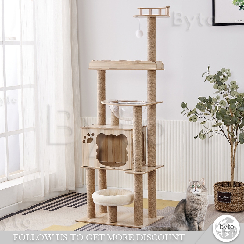 Byto Wood Cat Condo Sisal Pole Cat Tree Large Space Cat Condo Suitable ...