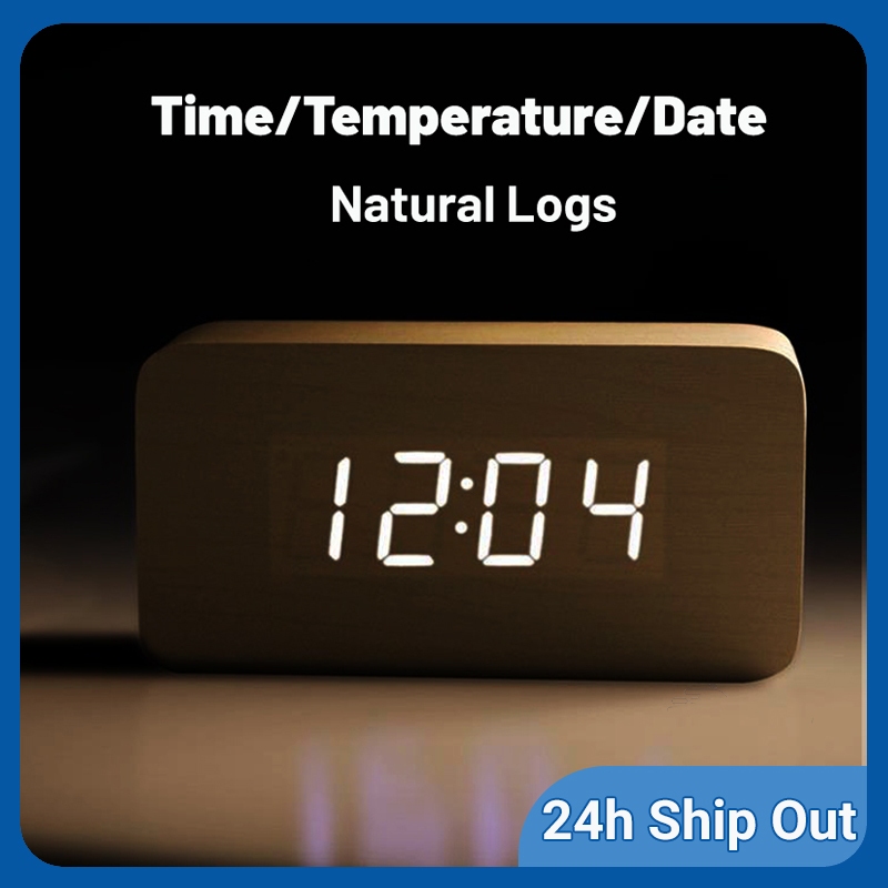 Led Alarm Clock Voice Control Wooden Led Digital Clock With Date ...