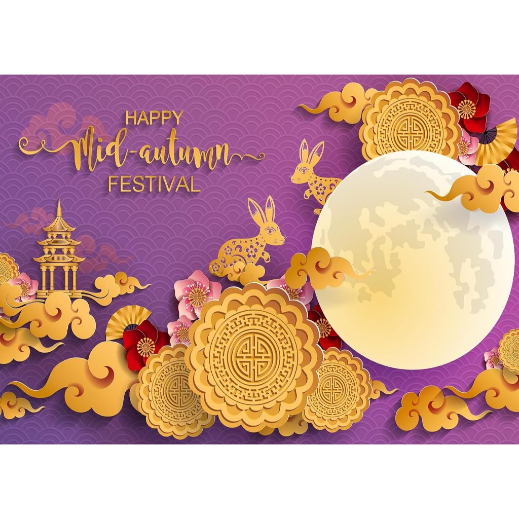 7x5ft Happy Mid-Autumn Festival Backdrop Red Lanterns Mooncake Rabbits ...