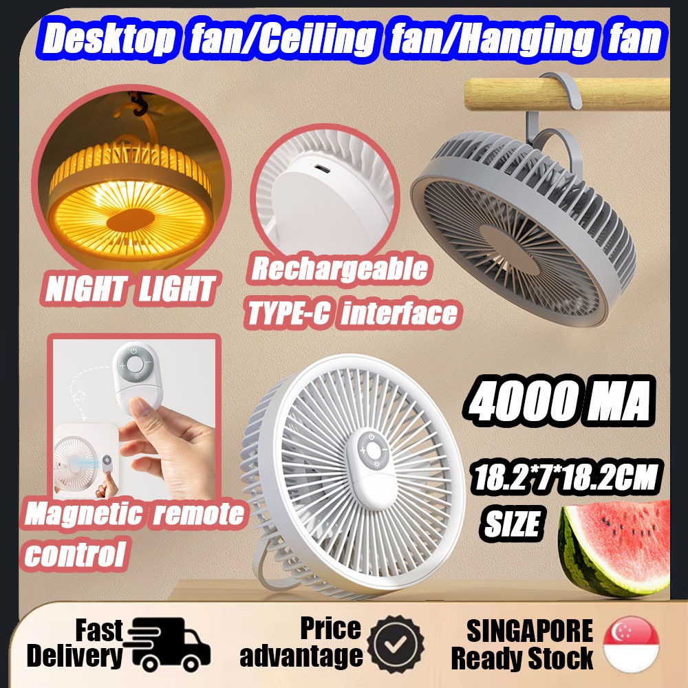 [SG STOCK]3 IN 1 Remote Ceiling Fans 4000Mah Rechargeable Mini Desk Fan ...
