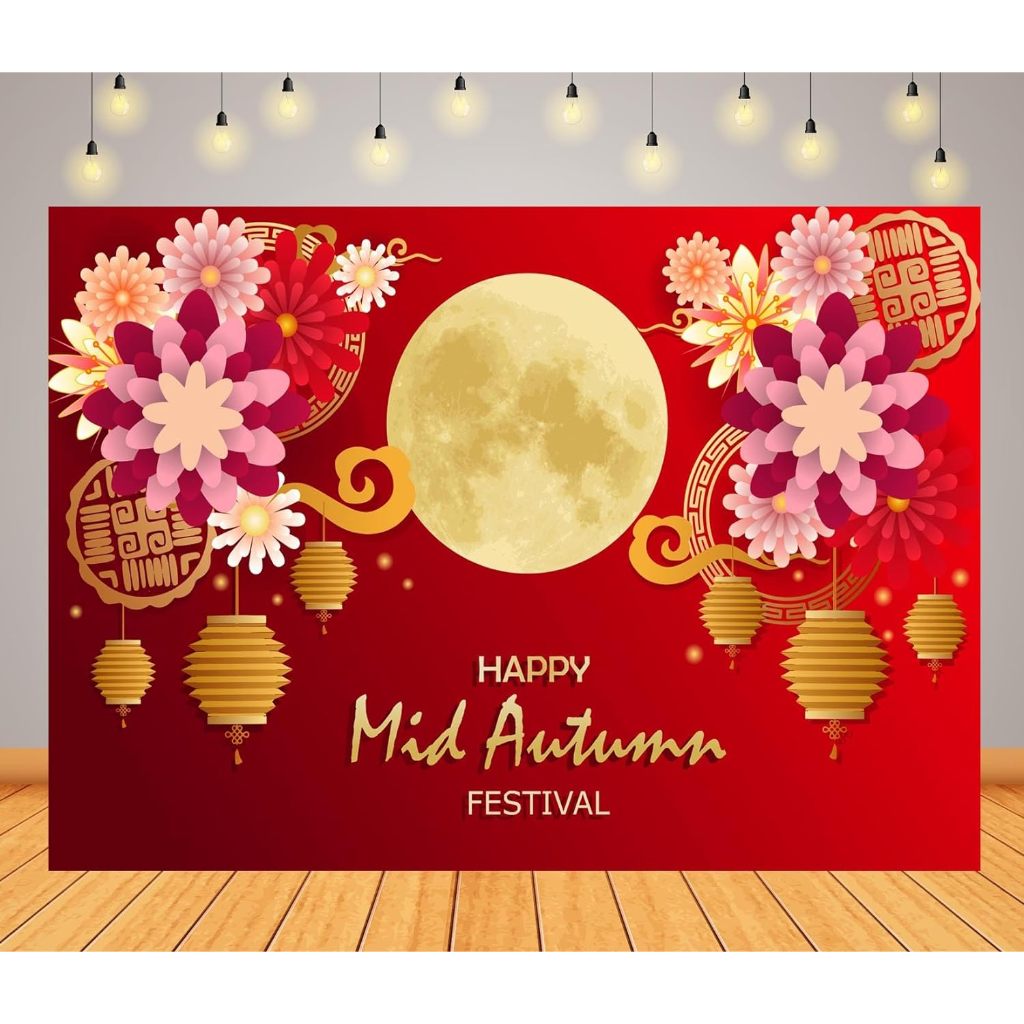 7x5ft Fabric Happy Mid Autumn Festival Backdrop Moon Festival Mooncakes ...