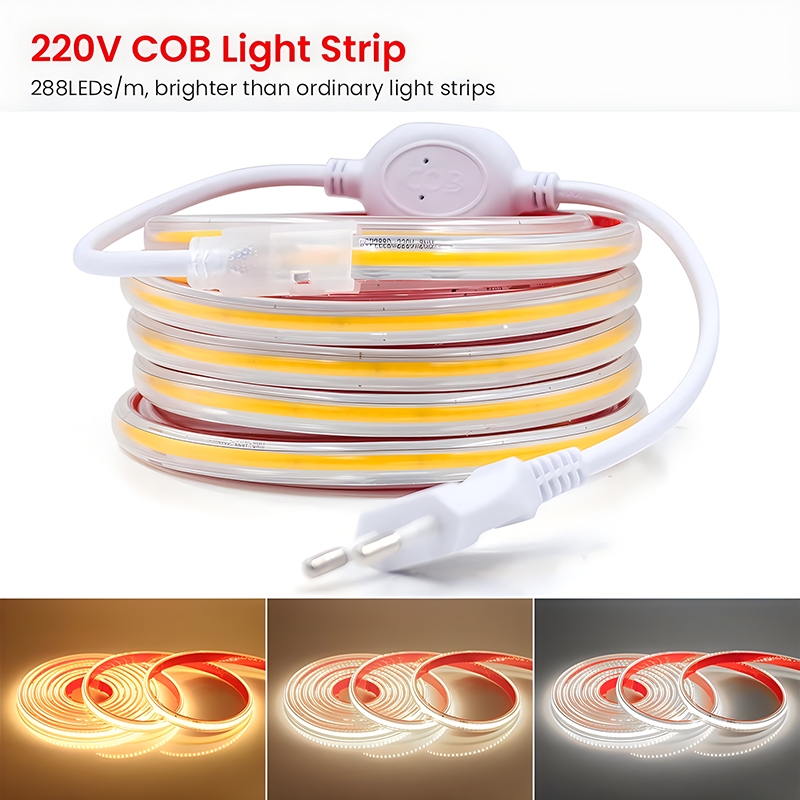 220V COB LED Strip Light with Adhesive EU Power Plug RA 90 High Density ...