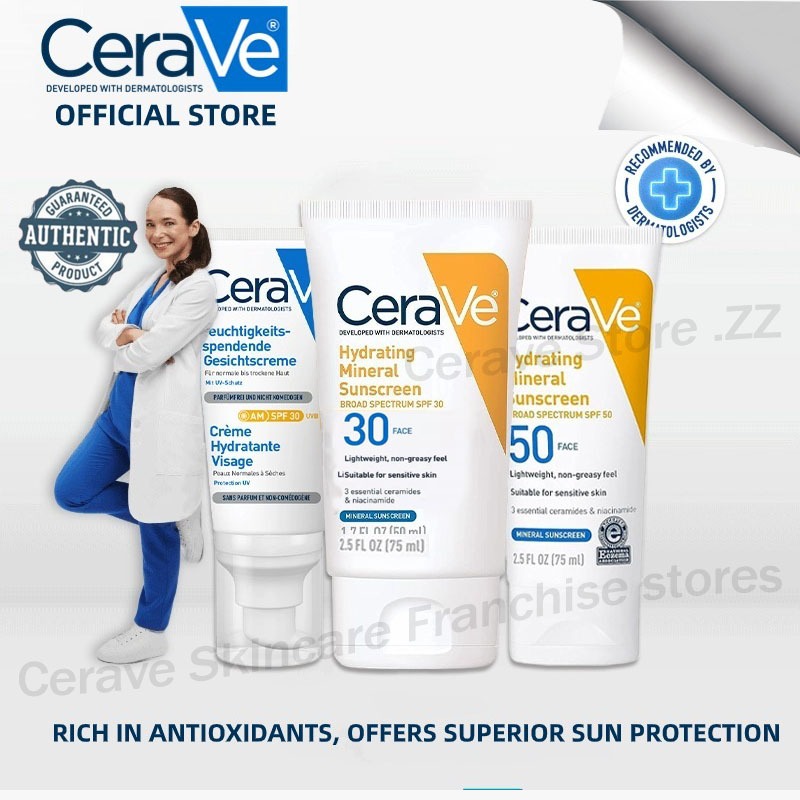 CeraVe Sunscreen Hydrating 100% Mineral Sunscreen SPF 50 / SPF 30 Face ...