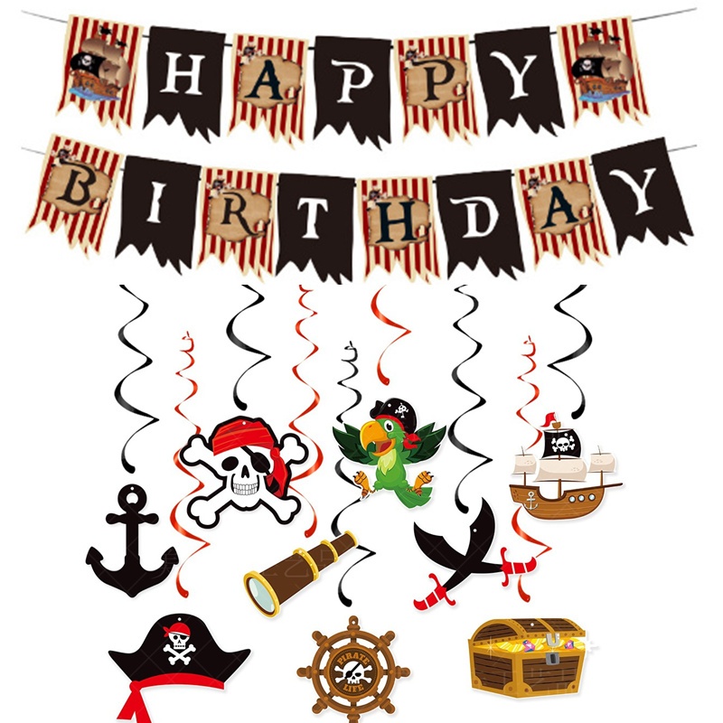 Pirate Happy Birthday Banner Flag Hanging Swirls Party Decoration ...