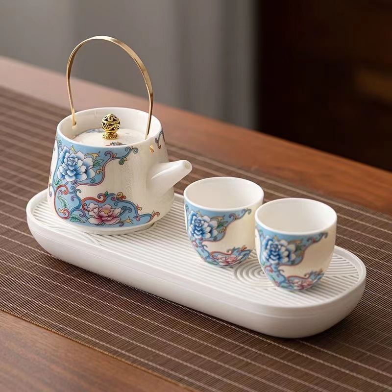 Ceramic Lifting Beam Pot One Pot Two Cups Enamel Color Teapot Household ...