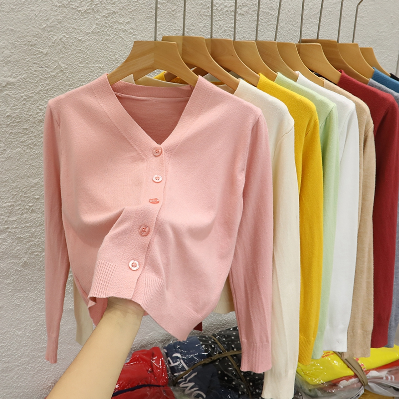 New Style V-Neck Sweater Short Top Women Long-Sleeved Cardigan Sweater ...