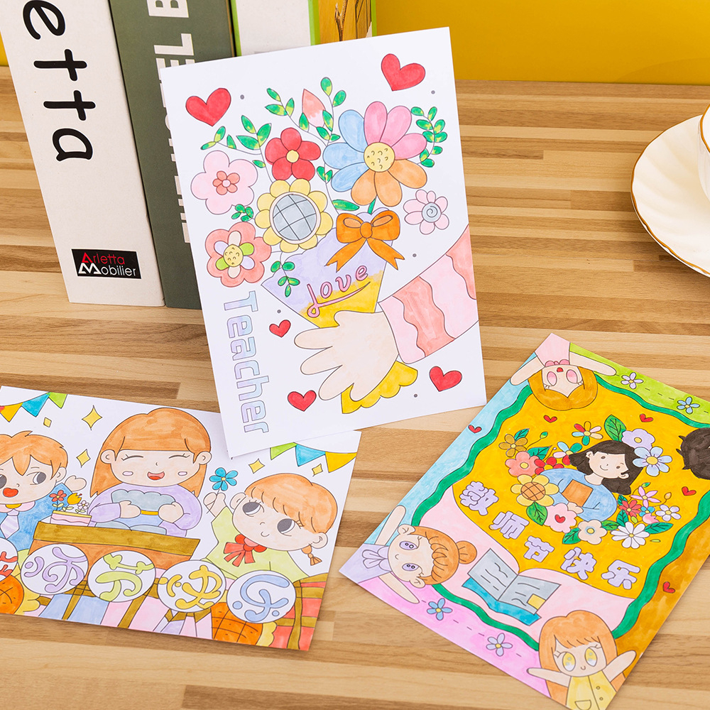 INS Teacher's Day hand-painted DIY thank-you card cartoon cute coloring ...